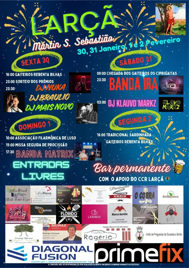Festa de São Sebastião 2026 em Larçã - Agenda de Concertos
