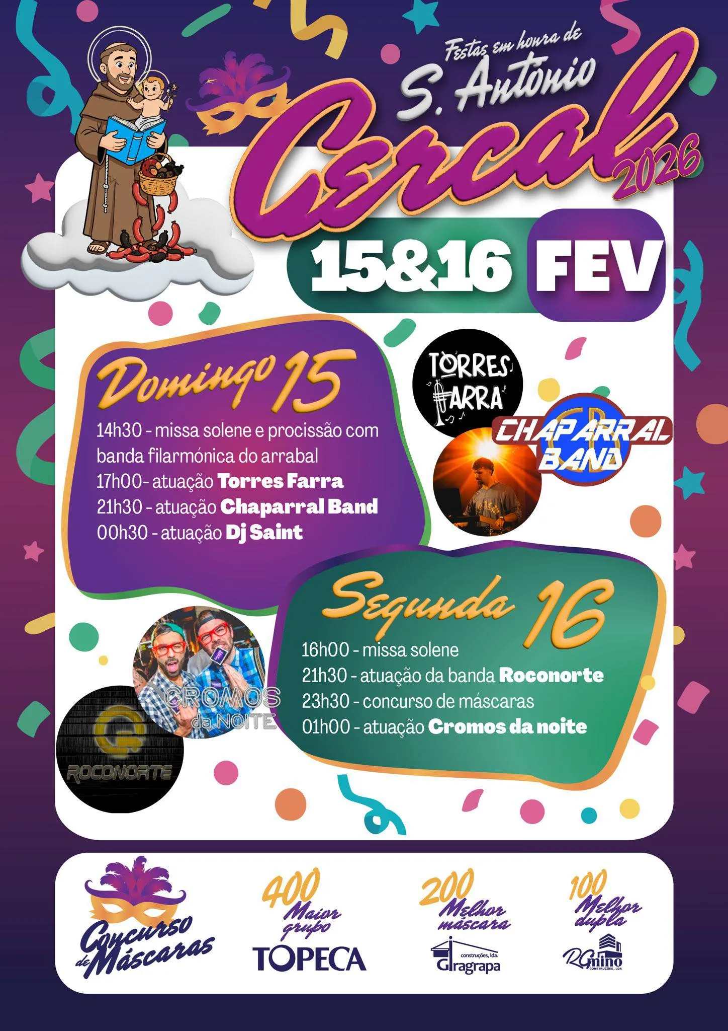 Festas de Cercal (Santo António) 2026 - Agenda de Concertos